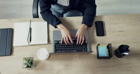 Hands, person above and typing on laptop... | Stock Video | Pond5