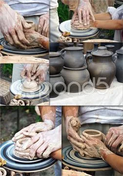 The hands of a potter help the child make a pitcher on a pottery wheel ...