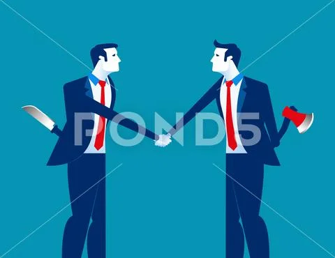 Handshake and weapons. Business partnership with rivalry and distrust ...