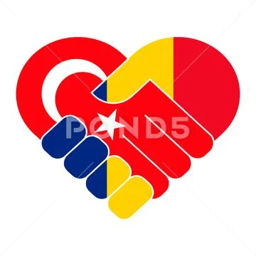 Handshake symbol in the colors of the national flags of Romania and ...