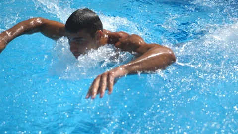 Handsome sporty man floating across pool... | Stock Video | Pond5