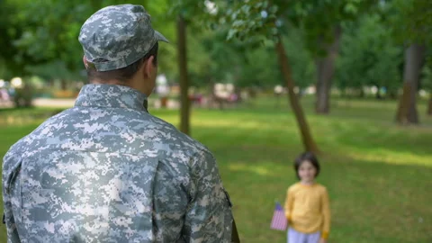 Happy american soldier hugging son, boy ... | Stock Video | Pond5