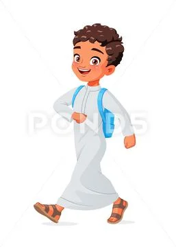 Happy Arab school boy walking. Cartoon vector illustration ...