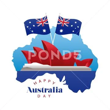 Happy australia day lettering with sydney opera house and flags ...