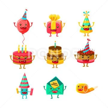 Happy Birthday And Celebration Party Symbols Cartoon Characters Set ...