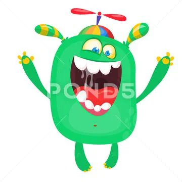 Happy cool cartoon fat flying monster. Horned vector monster character ...