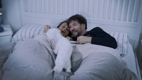 Happy couple at night cuddle in bed with... | Stock Video | Pond5