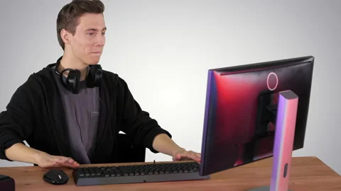 Happy emotions of a gamer watching steam... | Stock Video | Pond5