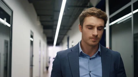 Happy employee walking hall finishing wo... | Stock Video | Pond5