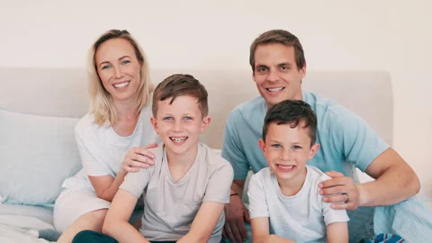 Happy family, face and smile in bedroom ... | Stock Video | Pond5