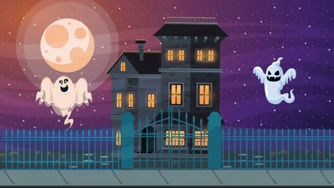 happy halloween animated scene with ghos... | Stock Video | Pond5