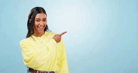 Happy, hand pointing and face of woman d... | Stock Video | Pond5