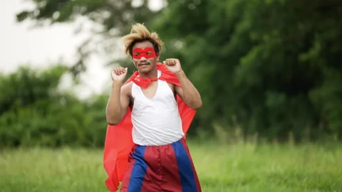 Happy hero man in red with crown and red... | Stock Video | Pond5