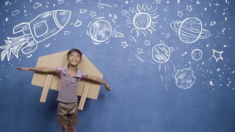 happy kid with cardboard rocket on back ... | Stock Video | Pond5