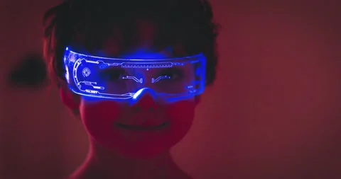 happy kid in led smart glasses. futurist... | Stock Video | Pond5