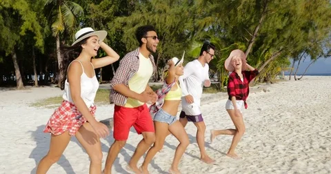 Happy People Running To Water Raising Ha... | Stock Video | Pond5