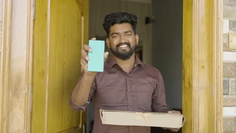 Happy smiling customer with courier box ... | Stock Video | Pond5
