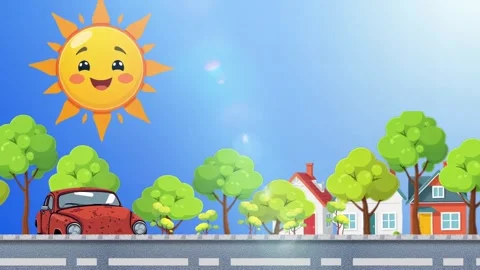 Happy sun car scene in a cartoon town | Stock Video | Pond5
