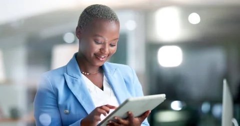 Happy, tablet and night with black woman... | Stock Video | Pond5