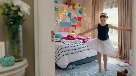 happy teenage girl dancing in bedroom we... | Stock Video | Pond5