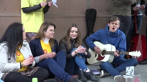 Happy teenager friends play guitar clap ... | Stock Video | Pond5