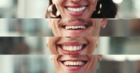 Happy, teeth and people with smile, coll... | Stock Video | Pond5