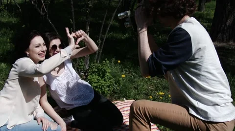 Happy three friends shoots old cinema in... | Stock Video | Pond5