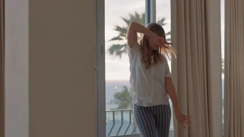 happy travel woman dancing in hotel room... | Stock Video | Pond5