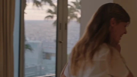 happy travel woman dancing in hotel room... | Stock Video | Pond5