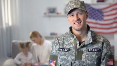 Happy US army soldier smiling at camera,... | Stock Video | Pond5