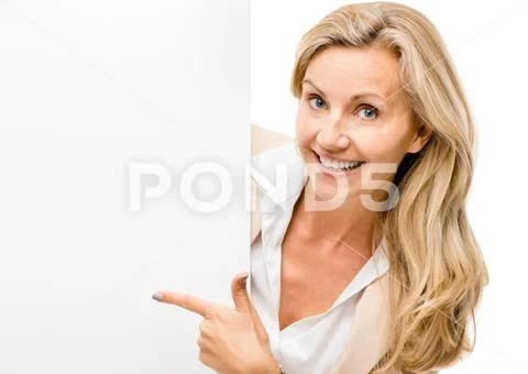 Happy woman, portrait and pointing to billboard on mockup space for advertising Stock Image ...