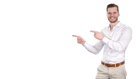 Happy young man presenting isolated on w... | Stock Video | Pond5