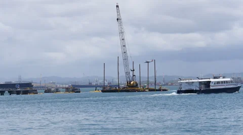 harbor pylon hammer installation barge r... | Stock Video | Pond5
