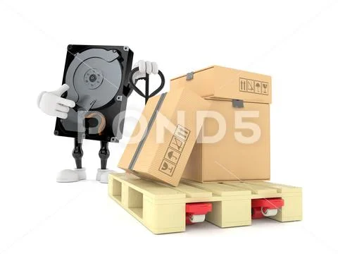 Hard disk character with hand pallet truck with cardboard boxes ...