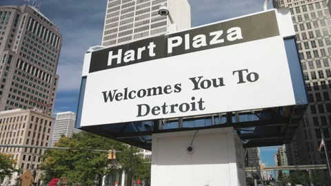 Hart Plaza, Welcome to Detroit sign with... | Stock Video | Pond5