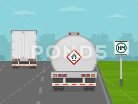 Hazardous materials route road sign area. Back view of tank truck ...