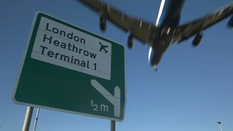 Heathrow Airport Sign with aircraft Flyo... | Stock Video | Pond5