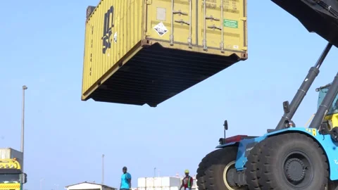 Heavy lift forklift truck at a shipping ... | Stock Video | Pond5