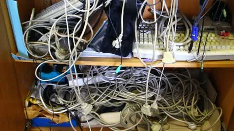 Heavy mess of computer cables and other ... | Stock Video | Pond5
