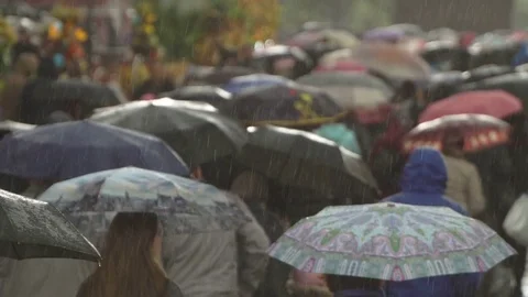 Heavy rain, people holding umbrellas in ... | Stock Video | Pond5