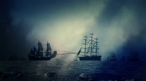 Heavy Sea Battle Between Two Fleets of S... | Stock Video | Pond5