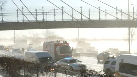 Heavy snow blowing under eerie sun light... | Stock Video | Pond5