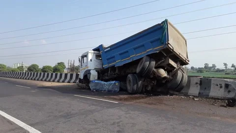 A heavy truck met an accident in a highw... | Stock Video | Pond5