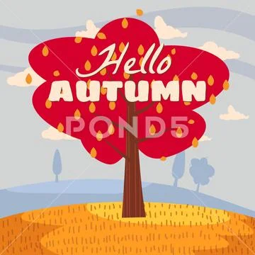 Hello Autumn landscape lonely tree in trend style flat cartoon panorama ...
