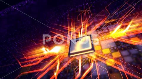 A hi-tech 3d illustration of a square CPU microprocessor with plasma ...