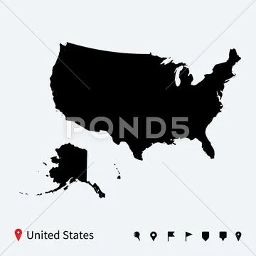 High detailed vector map of United States with navigation pins ...