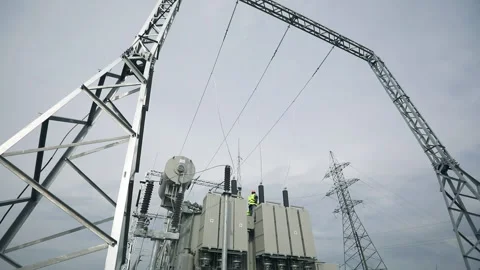 High grid towers and power lines at elec... | Stock Video | Pond5