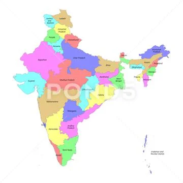 High quality labeled map of India with borders of the regions ~ Clip ...