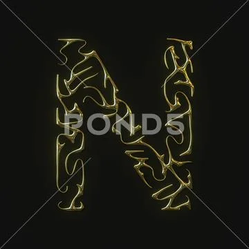 High resolution letter N symbol made of molded golden lines. 3d ...