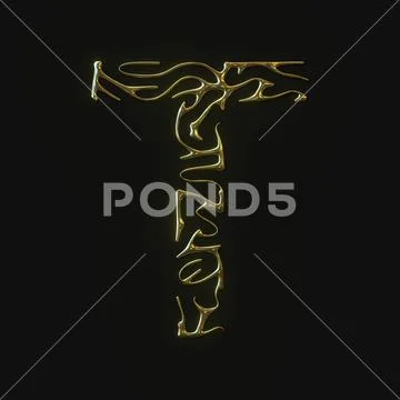 High resolution letter T symbol made of molded golden lines. 3d ...